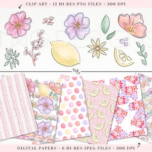 Flowers Lemons Clip Art & Digital Paper Collection Bundle Watercolor ...