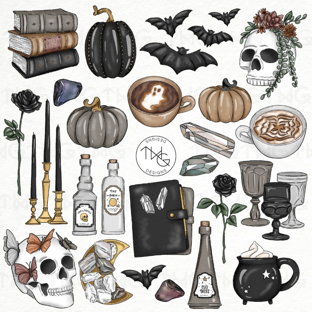 Spooky Chic Halloween Illustrated Clipart Digital Stickers Icons Skulls ...
