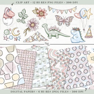 Dinosaur Party Clip Art & Digital Paper Collection Bundle Watercolor ...