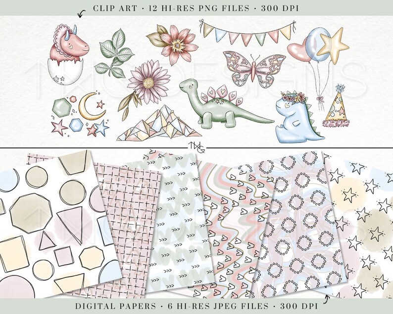 Dinosaur Party Clip Art & Digital Paper Collection Bundle | Etsy