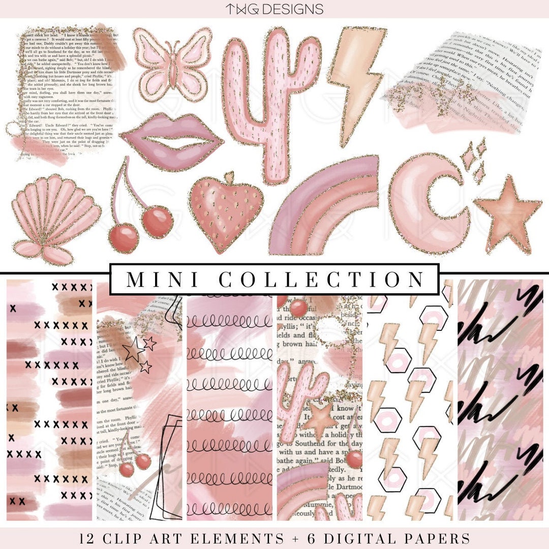 Pink Collage Clip Art & Digital Paper Collection Bundle Watercolor ...
