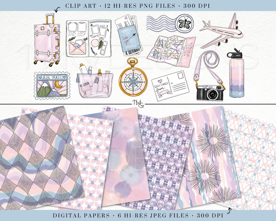 Travel Clip Art & Digital Paper Collection Bundle Watercolor - Etsy
