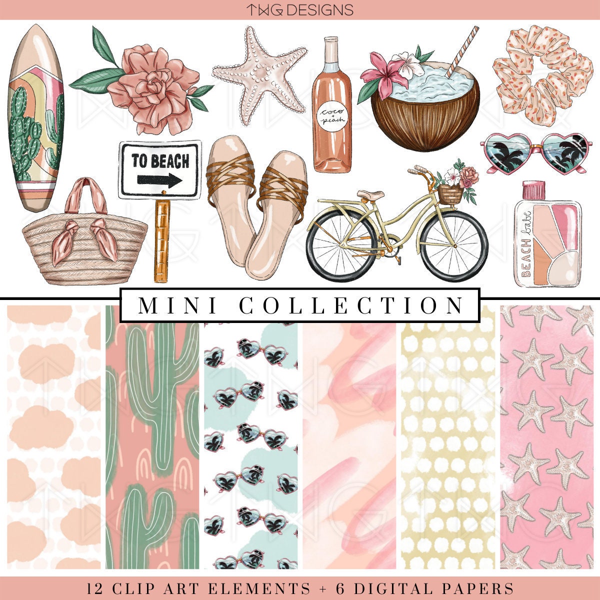 Beach Boho Clip Art & Digital Paper Collection Hand Drawn | Etsy