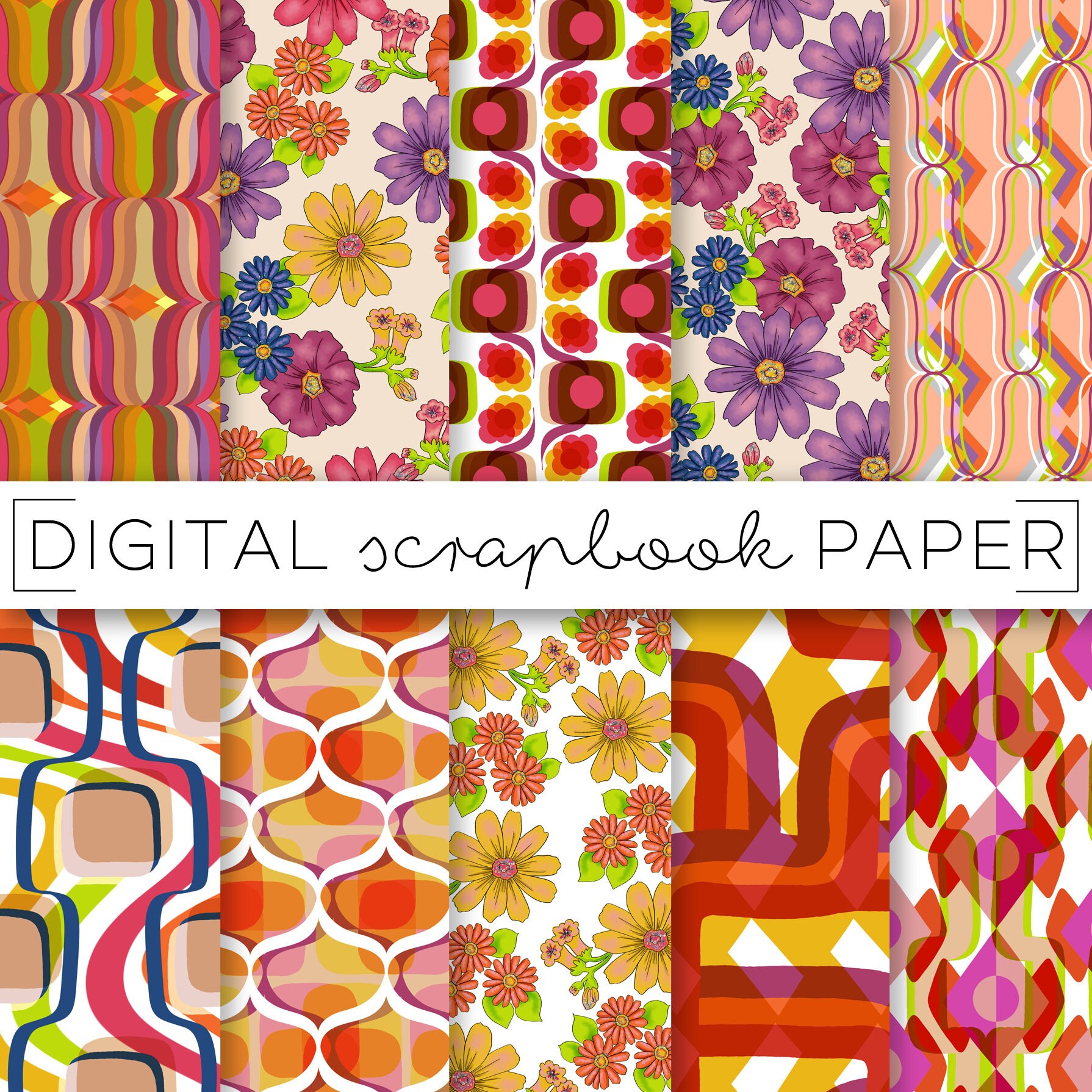 Retro Groovy 1970s Floral Print Pattern Digital Scrapbook - Etsy