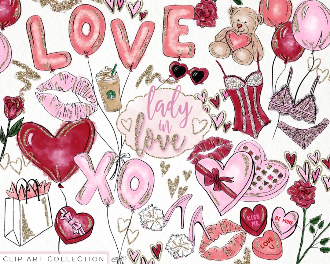 Valentines Day Love Clip Art Glitter Watercolor Clipart PNG Files Hand ...