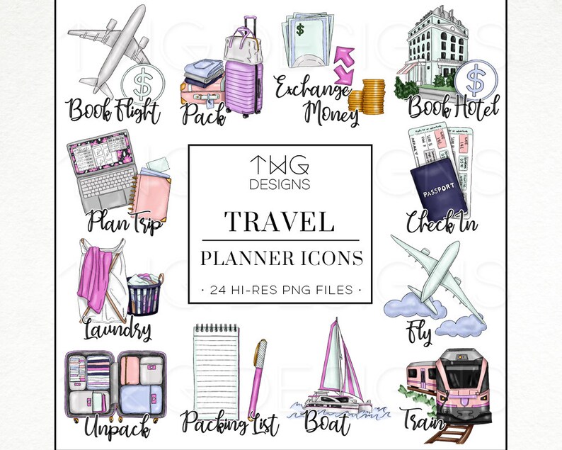 Travel Planner Icons Clip Art Clipart Watercolor Hand Drawn | Etsy