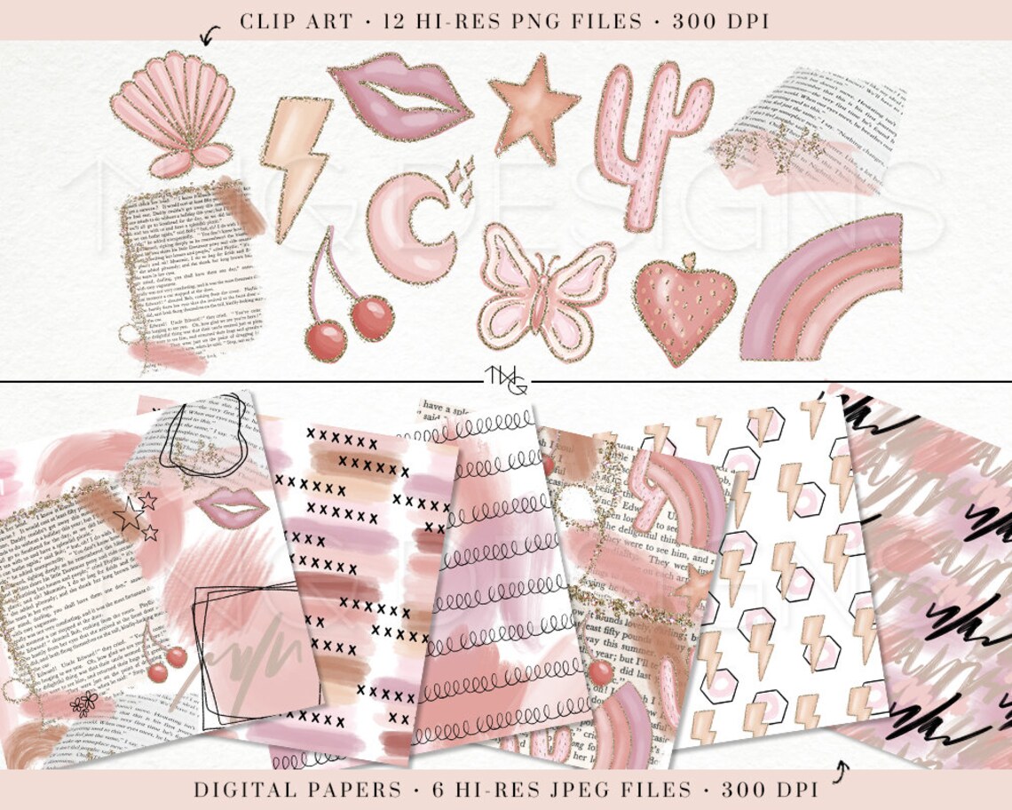 Pink Watercolor Clipart & Digital Paper Bundle (digital Download) - Etsy