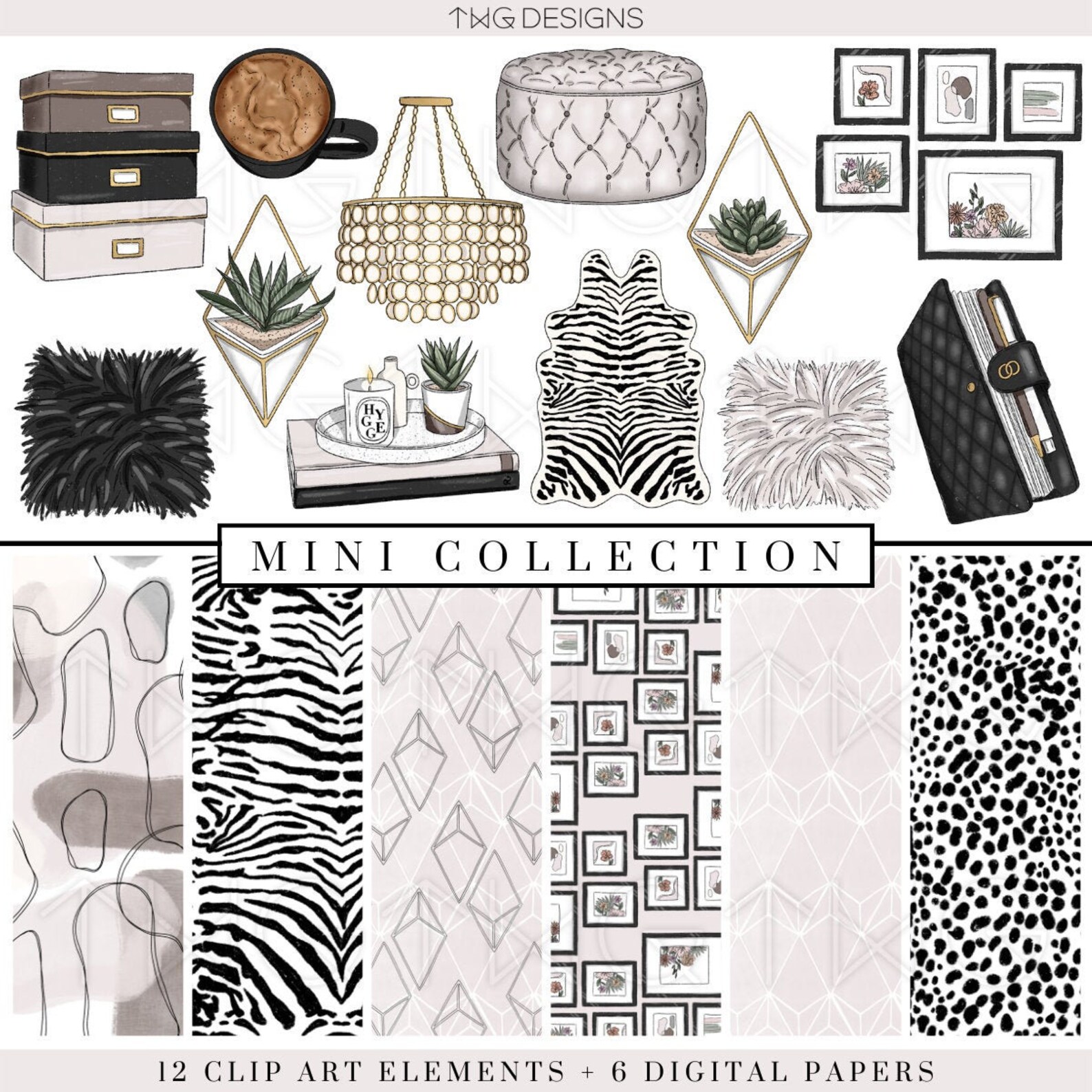 Chic Office Clip Art & Digital Paper Collection Hand Drawn | Etsy