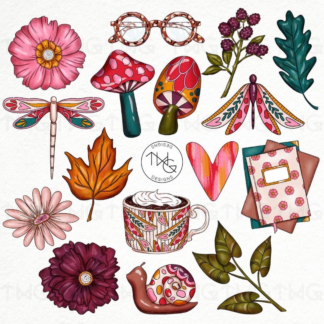 Mushrooms and Dragonflies Illustrated Clipart Watercolor Clipart Icons ...