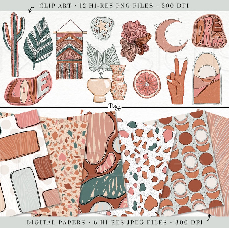 Modern Boho Clip Art & Digital Paper Collection Hand Drawn - Etsy