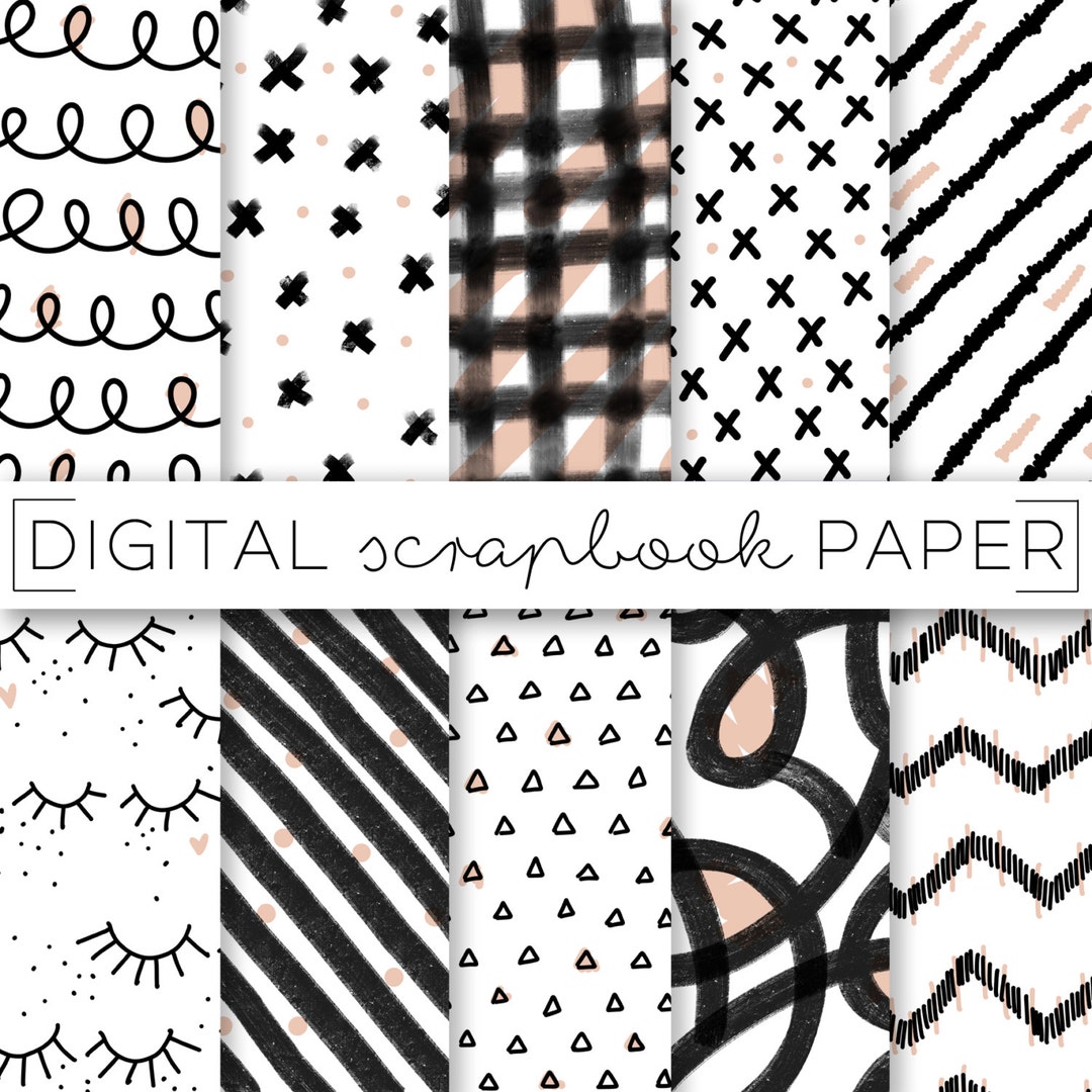 Black & White Graphic Doodle Digital Scrapbook Paper Printable Pattern ...
