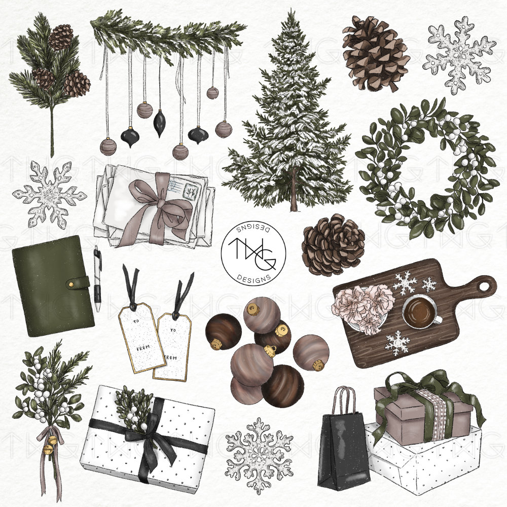 Winter Hygge Clipart: Holiday Stickers, Pine Tree Graphics (digital ...