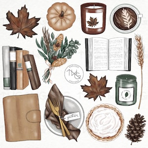 Fall Dinner and Books Illustrated Clipart Digital Stickers Icons Cozy ...