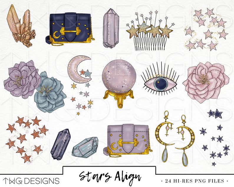 Celestial Watercolor Clipart: Stars, Moon, Crystals (PNG Files) - Etsy UK