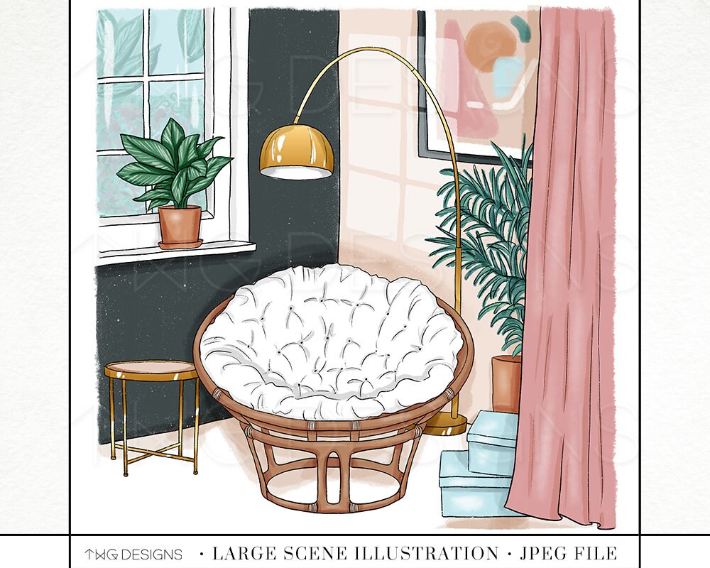 Boho Room Scene Art Print Illustration Digital Lounge Chair | Etsy