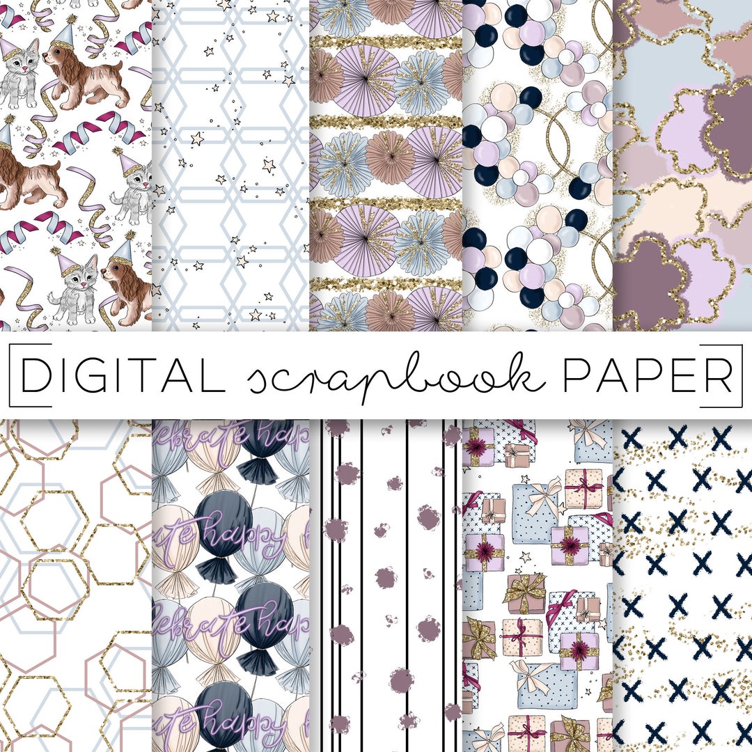 Birthday Party Balloon Print Digital Scrapbook Paper Watercolor Gold ...