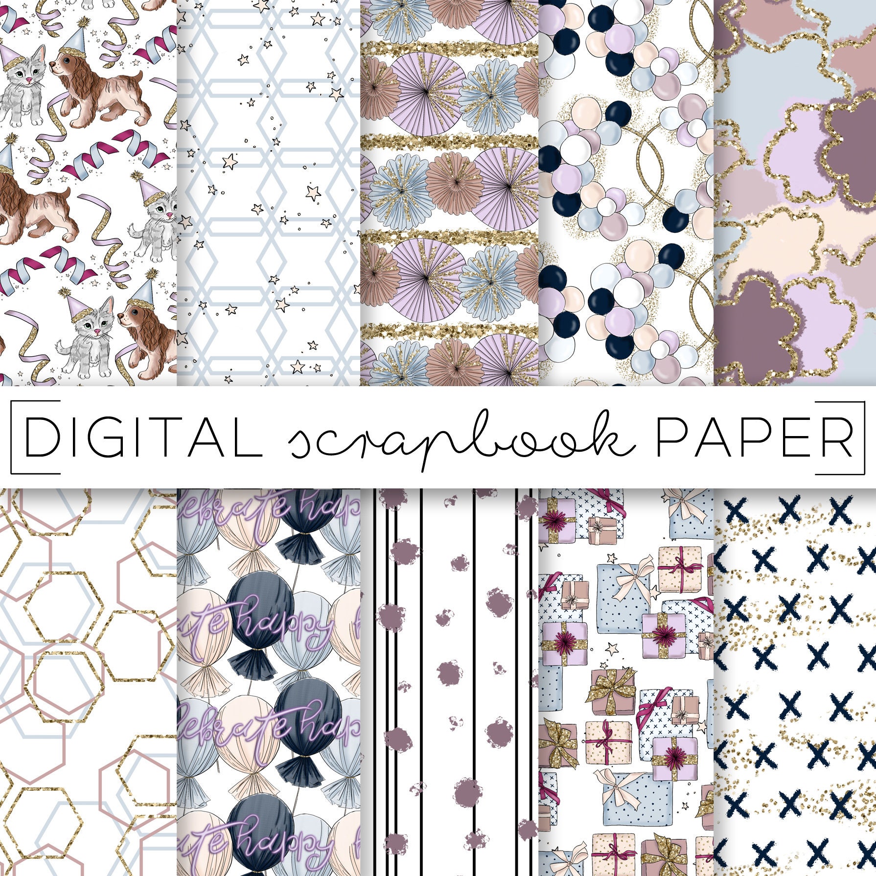 Birthday Party Balloon Print Digital Scrapbook Paper Watercolor Gold ...