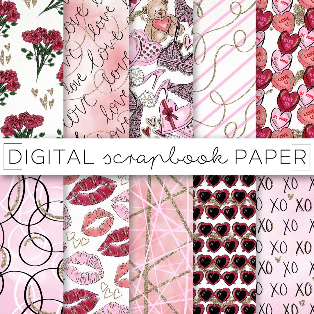 Red Pink Love Valentines Day Digital Scrapbook Paper Watercolor Gold ...