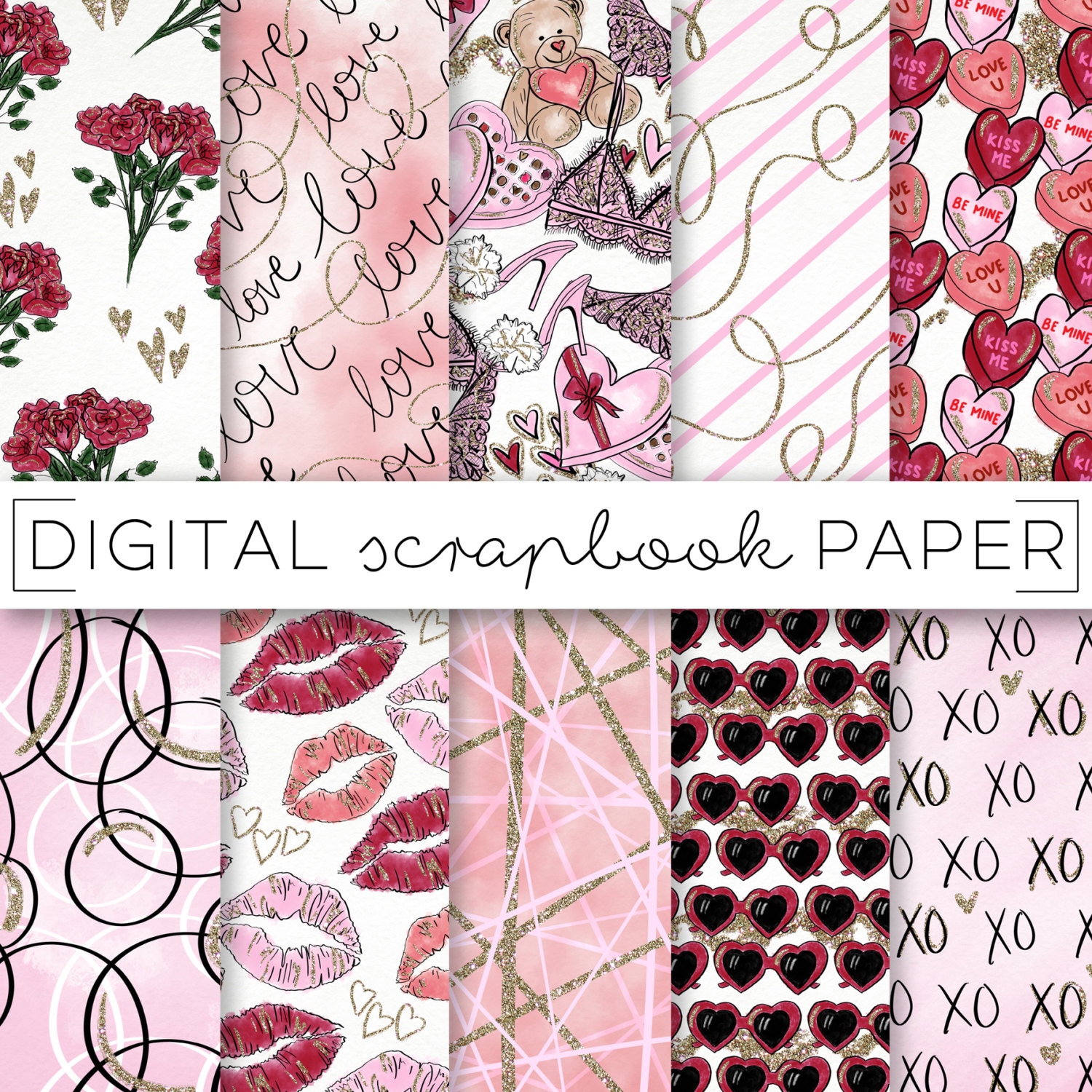 Red Pink Love Valentines Day Digital Scrapbook Paper | Etsy