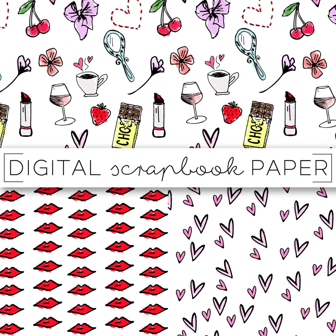 Lips Hearts Digital Scrapbook Paper Printable Pattern Stationary ...