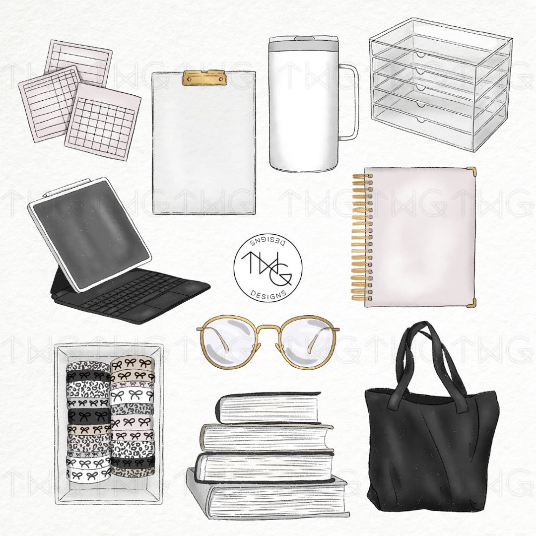 Watercolor Office Supplies Clipart: Hand-drawn Stationery Graphics (PNG ...