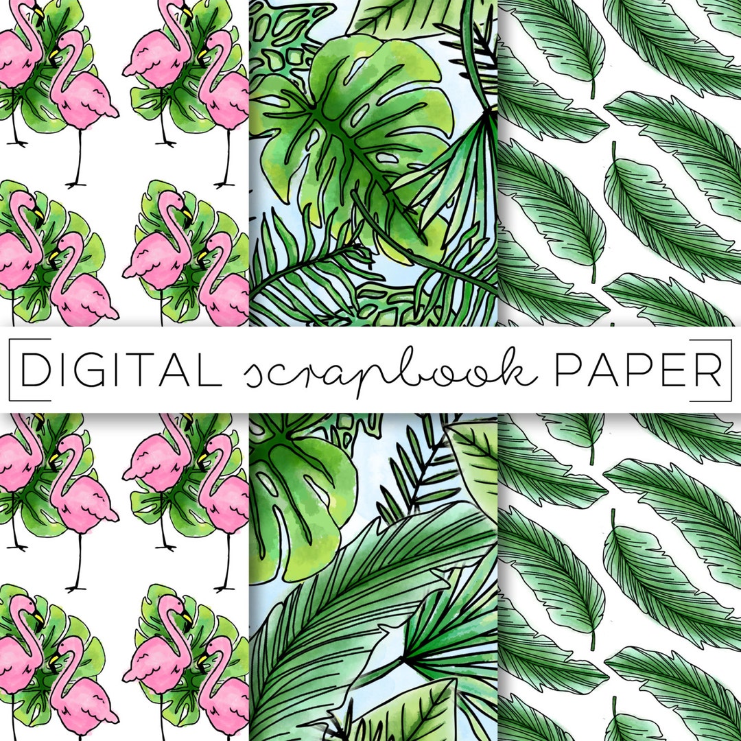 Tropical Foliage Flamingo Digital Scrapbook Paper Pattern Stationary ...
