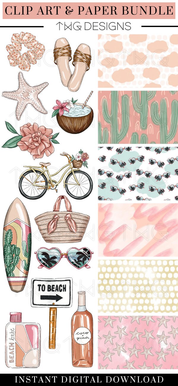 Beach Boho Clip Art & Digital Paper Collection Hand Drawn | Etsy