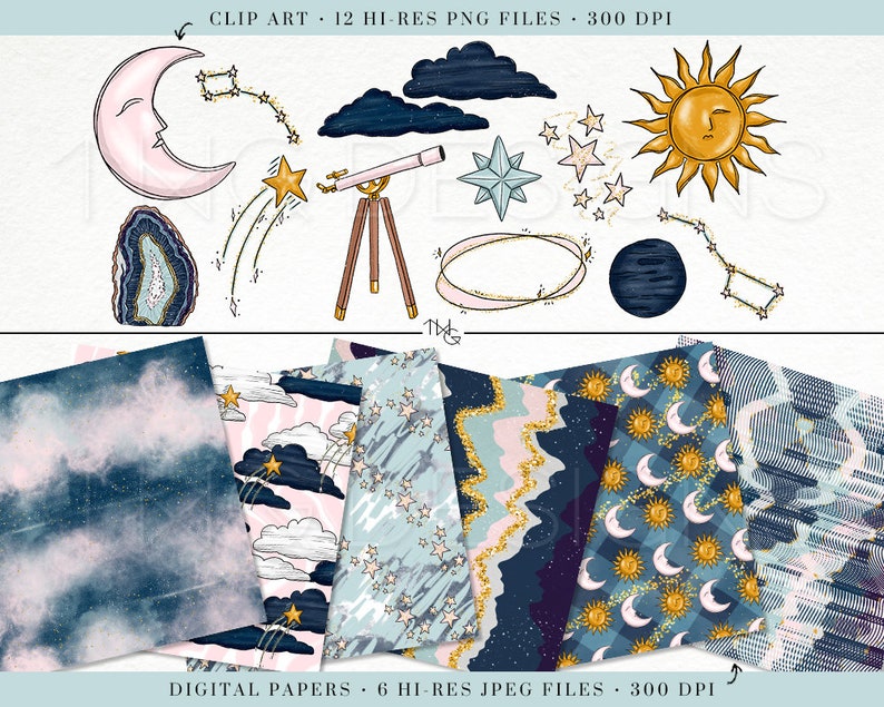 Celestial Clip Art & Digital Paper Collection Bundle | Etsy