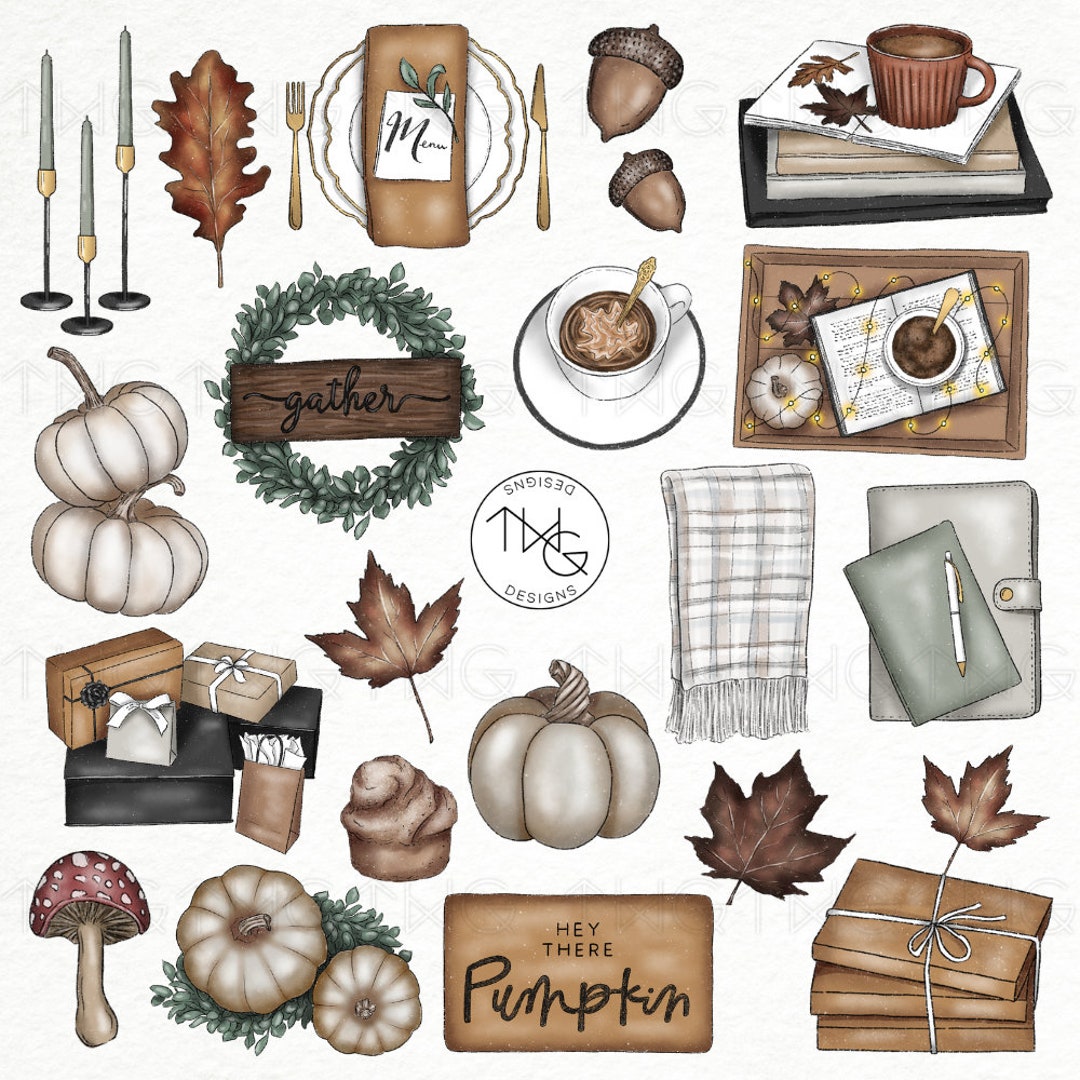 Cozy Fall Thanksgiving Illustrated Clipart Digital Stickers Icons for ...
