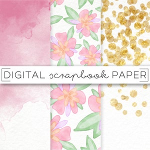 Pink Gold Watercolor Digital Scrapbook Paper Pattern Stationary Floral ...