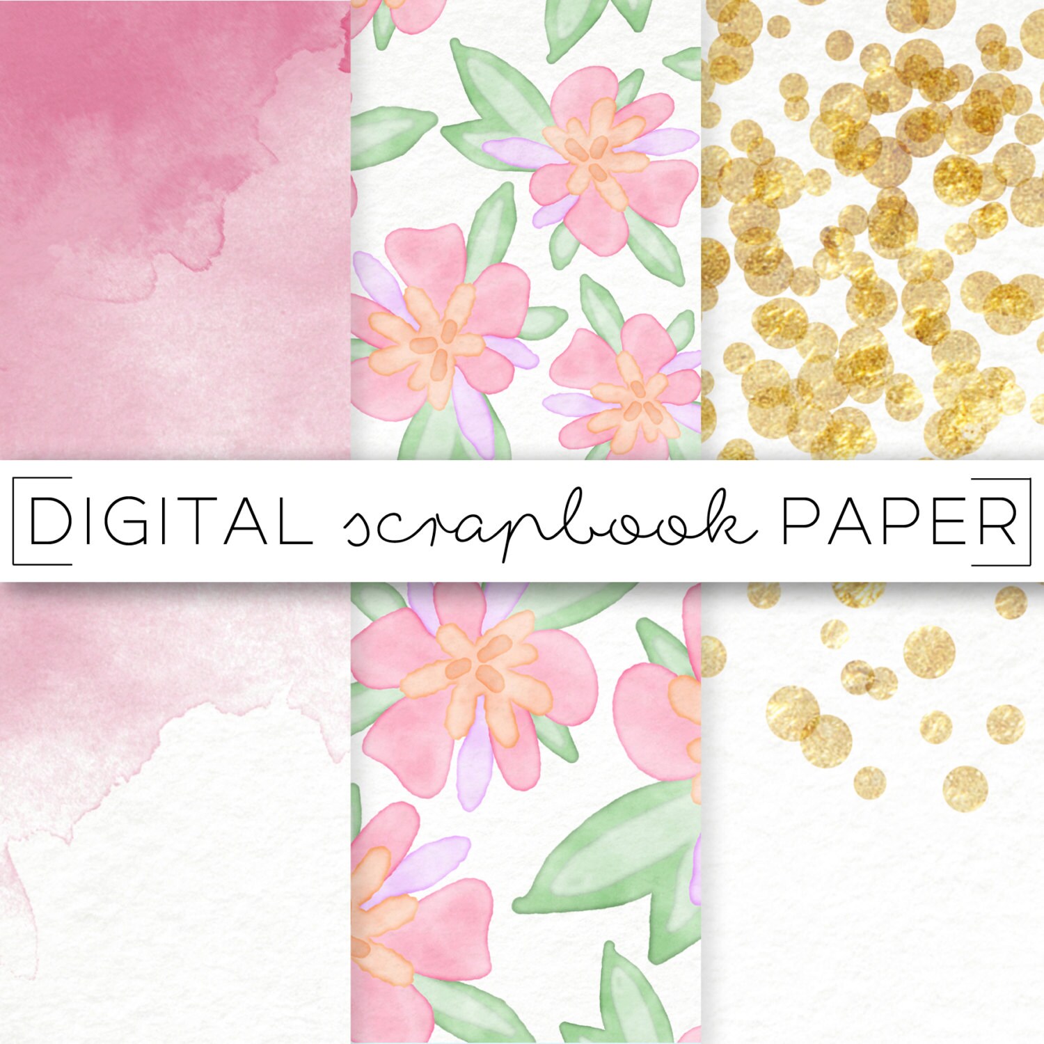 Pink Gold Watercolor Digital Scrapbook Paper Pattern - Etsy