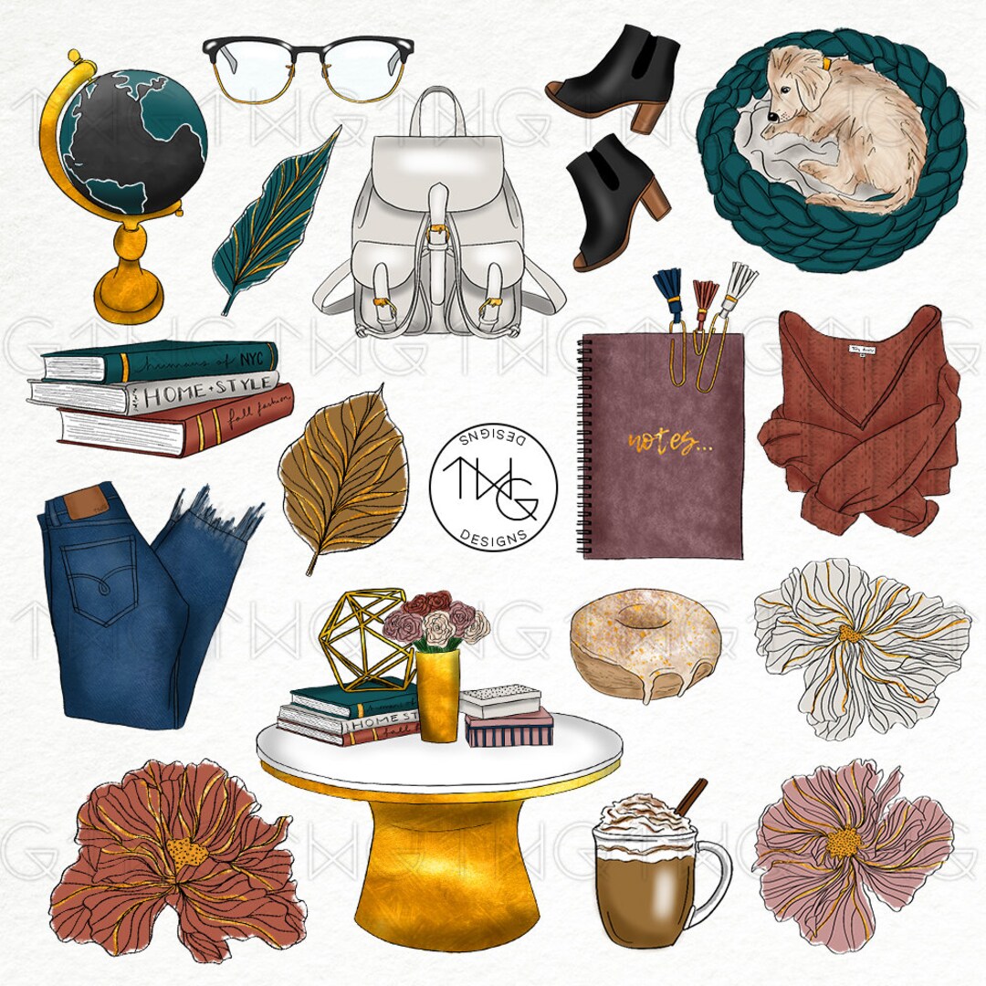 Fall School Fashion Girl Clip Art Watercolor Clipart PNG Study Gold ...
