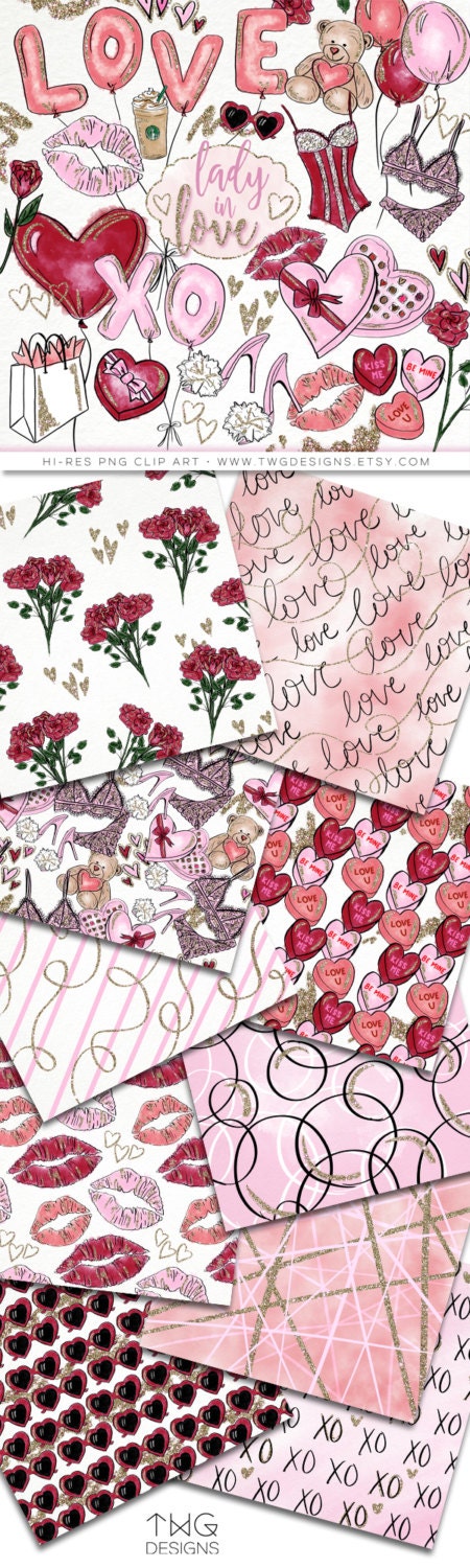 Valentines Day Love Clip Art Glitter Watercolor Clipart PNG - Etsy