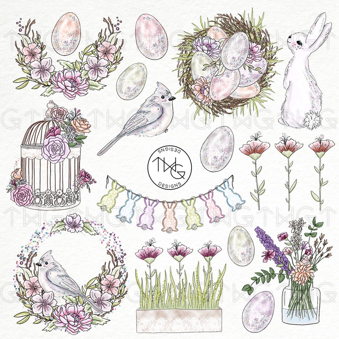 Watercolor Easter Clipart: Bunny, Flowers, Wreath (PNG Digital Download ...