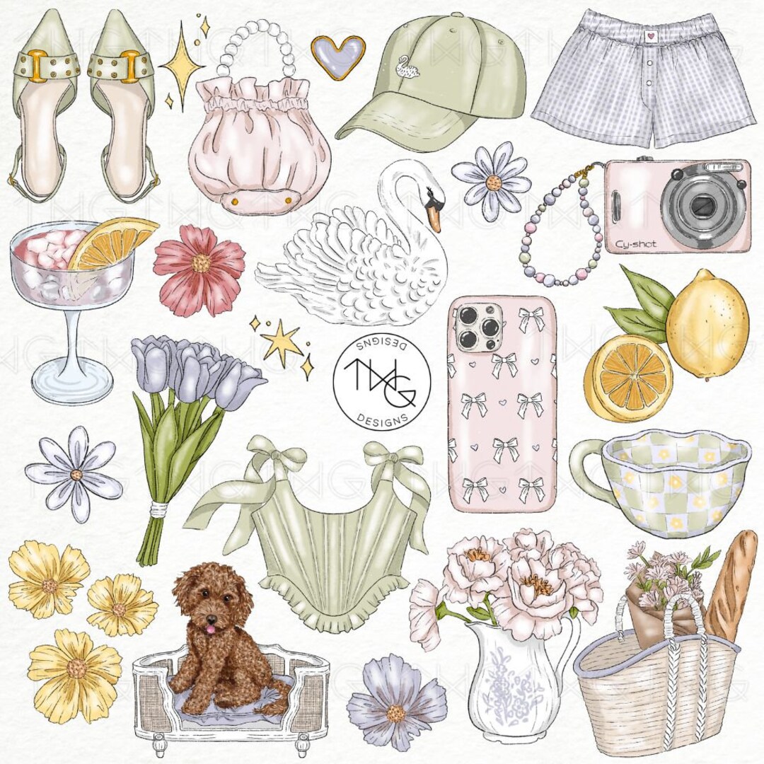 Spring Coquette Aesthetic Illustrated Clipart Digital Stickers Icons ...