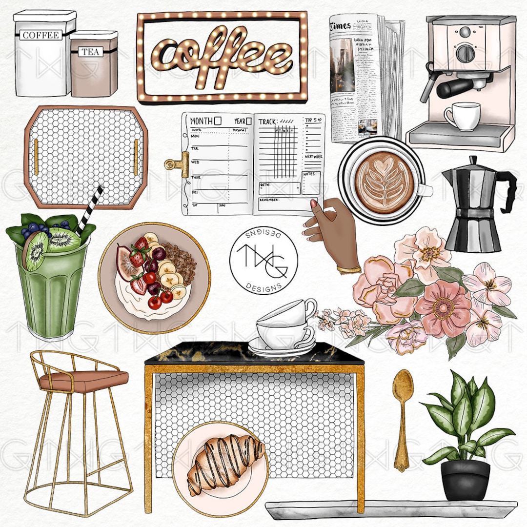 Coffee Bar Fashion Girl Clip Art Watercolor Clipart Cafe Food Journal ...