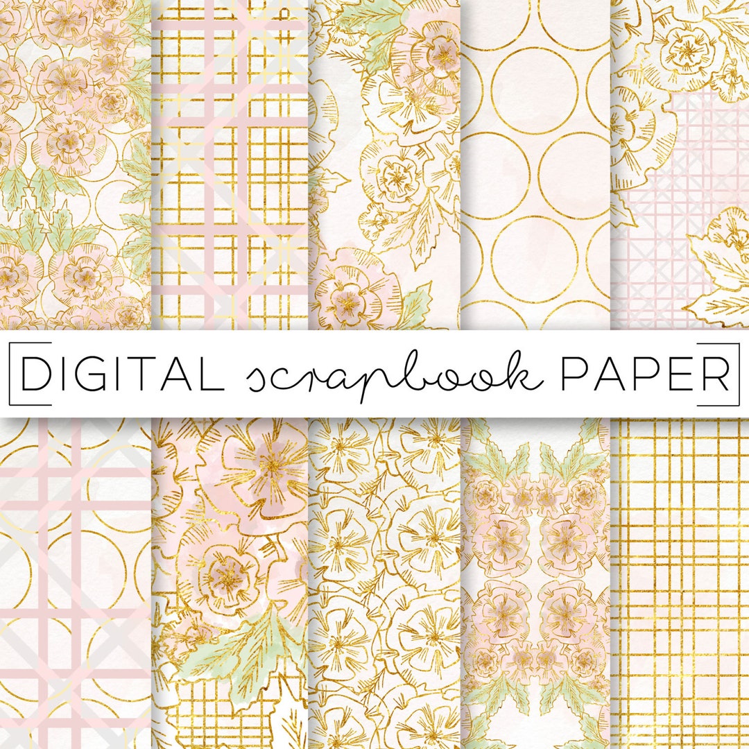 Peach Pink Mauve Pastel Digital Scrapbook Paper Watercolor Glitter Gold ...
