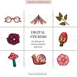 Mushrooms and Dragonflies Illustrated Clipart Watercolor Clipart Icons ...