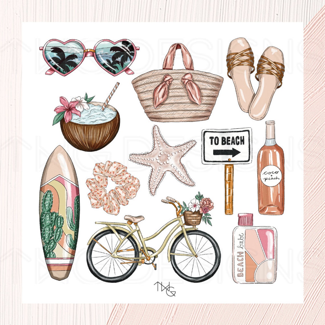 Beach Boho Clip Art & Digital Paper Collection Hand Drawn | Etsy