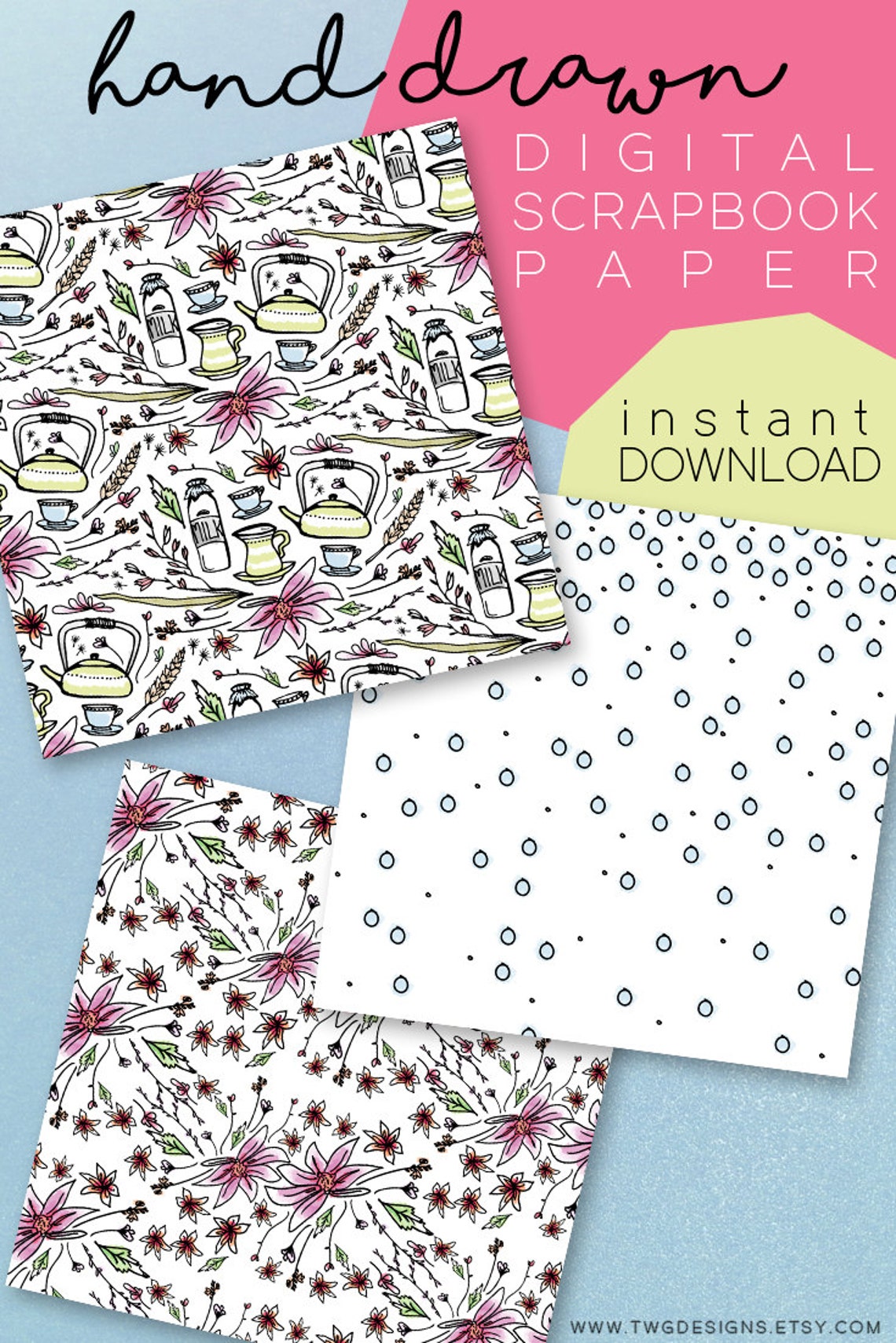 Tea Party Digital Scrapbook Paper Printable Pattern Stationary - Etsy