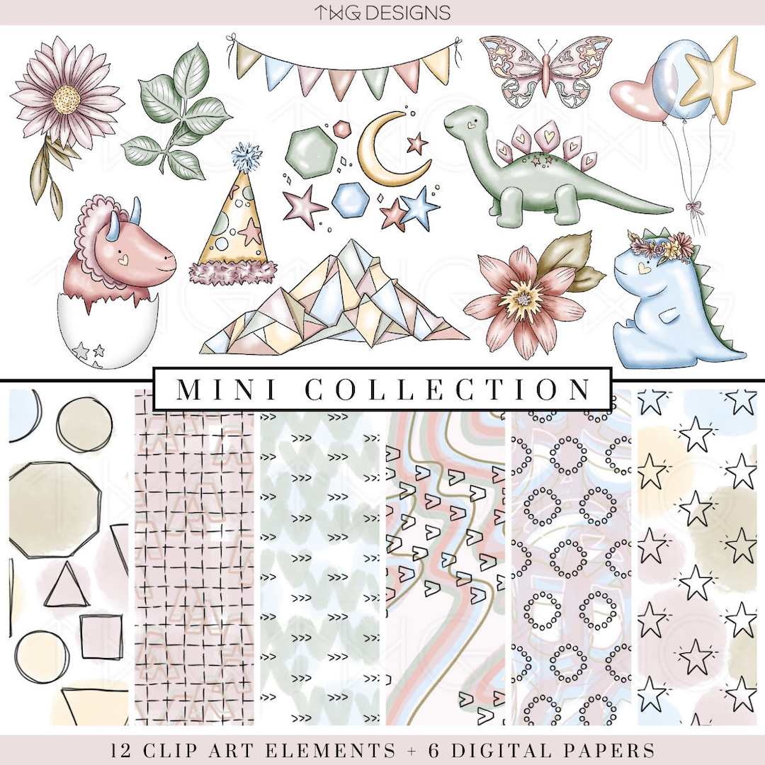 Dinosaur Party Clip Art & Digital Paper Collection Bundle Watercolor ...