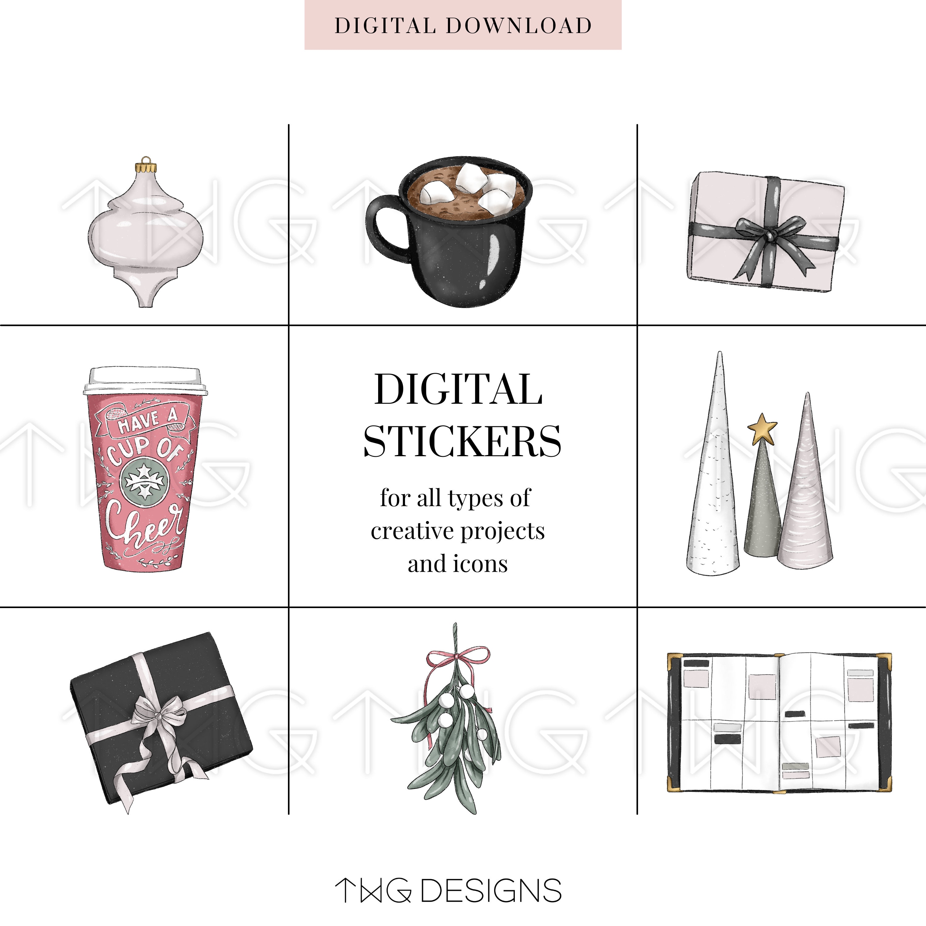 Modern Minimal Holiday Illustrated Clipart Digital Stickers - Etsy