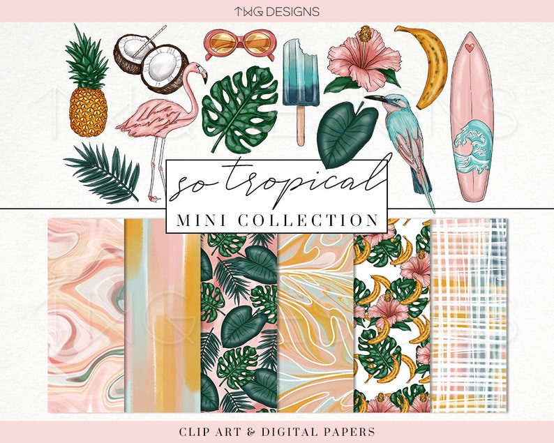 Tropical Clip Art & Digital Paper Collection Bundle Watercolor - Etsy