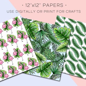 Tropical Foliage Flamingo Digital Scrapbook Paper Pattern Stationary ...