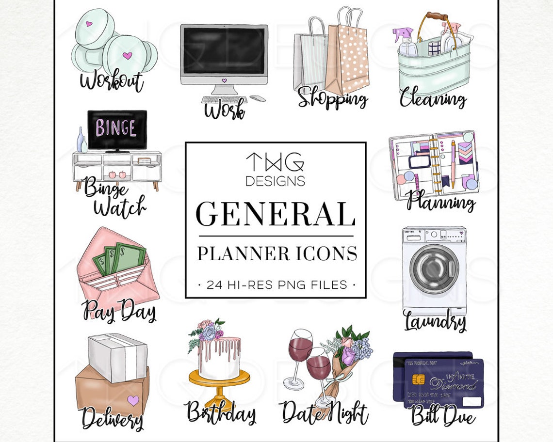 General Planner Icons Clip Art Clipart Watercolor Hand Drawn | Etsy