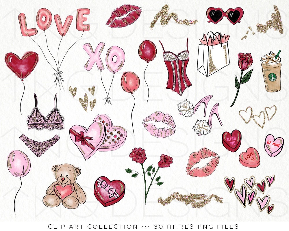 Valentines Day Love Clip Art Glitter Watercolor Clipart PNG - Etsy