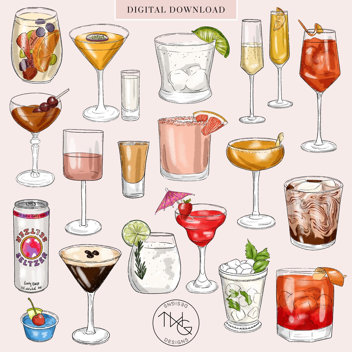 Bar Cocktail Drinks Illustration Clip Art Watercolor Clipart - Etsy
