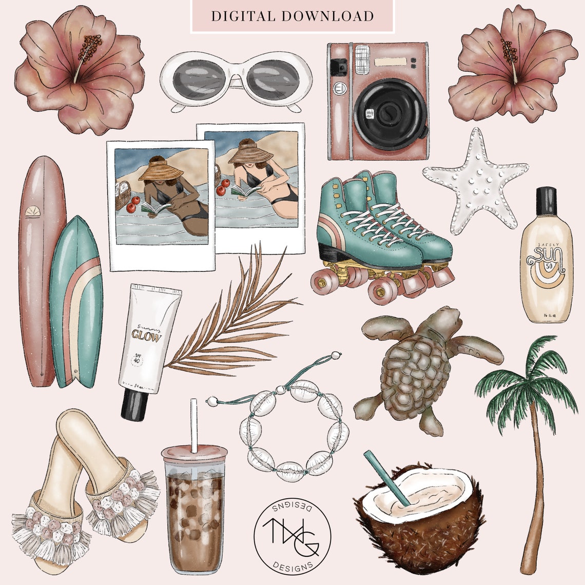 Tropical Summer Clipart: Surfing, Beach, and Travel Icons (digital ...