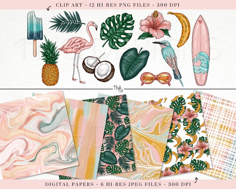 Tropical Clip Art & Digital Paper Collection Bundle Watercolor - Etsy