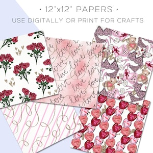 Red Pink Love Valentines Day Digital Scrapbook Paper Watercolor Gold ...